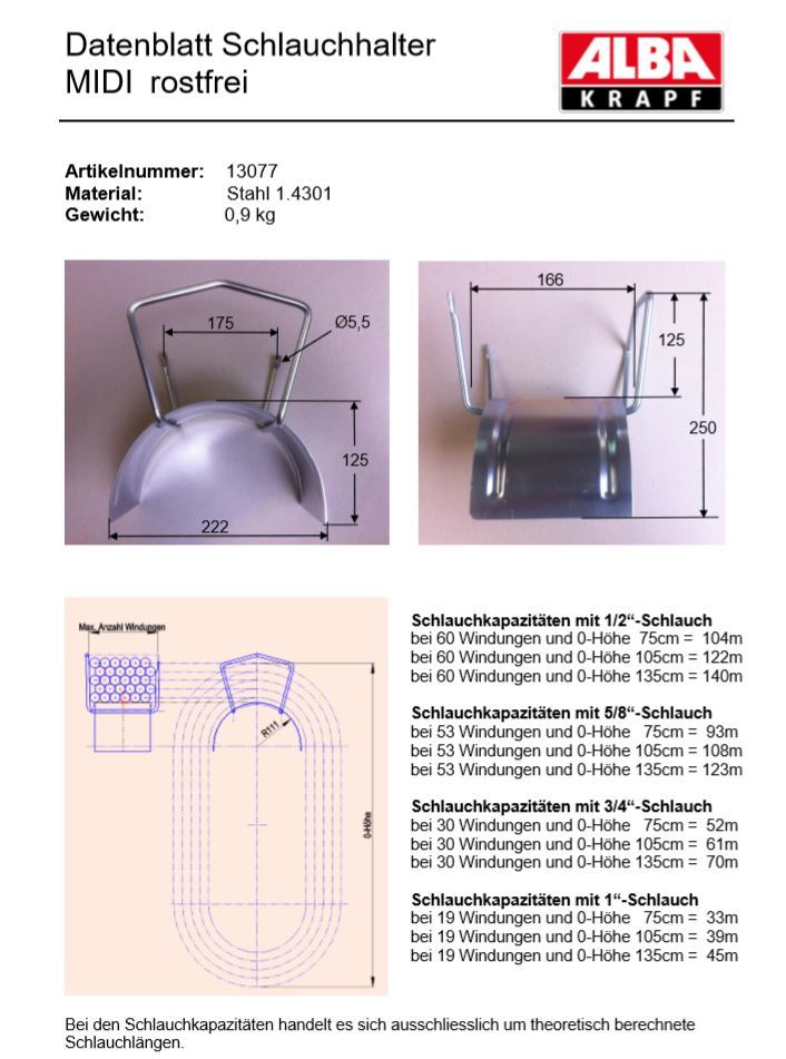 Держатель для шланга настенный из нержавеющей стали ALBA "MIDI-INOX"