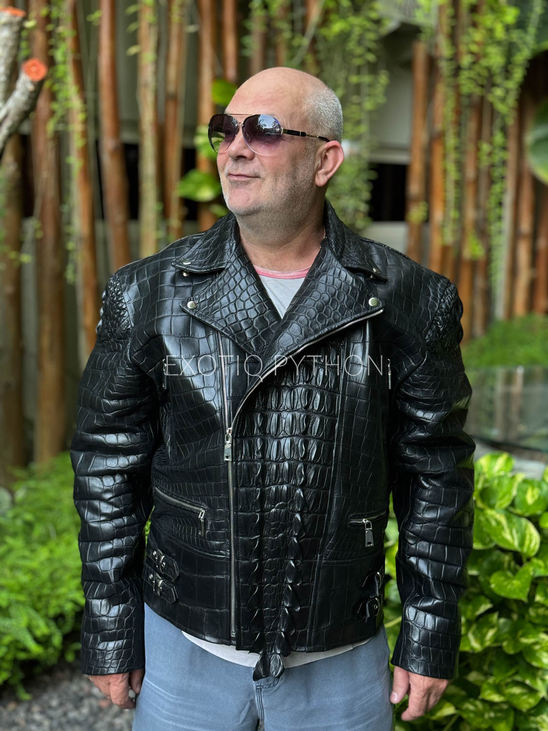 Мужская куртка из кожи крокодила черного цвета, косуха , мото куртка - JT-124 - EXOTIQ PYTHON