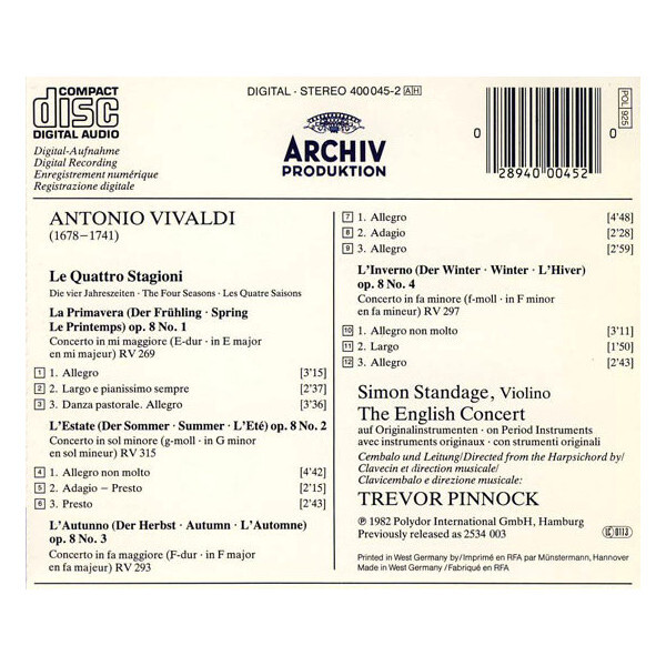 Компакт-диск Le Quattro Stagioni — The English Concert, Simon Standage ...