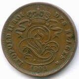 2 сантима 1909 год. Бельгия (Леопольд II). Надпись на французском - DES BELGES. Медь, диаметр 21 ...