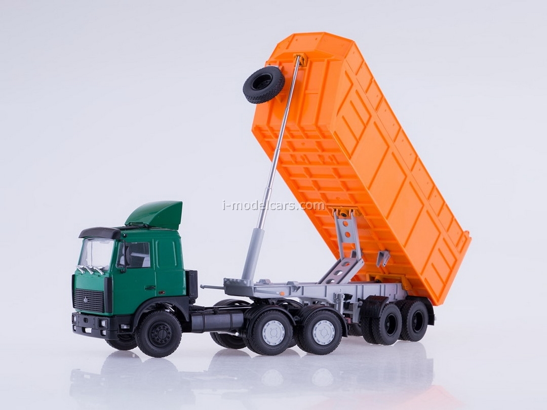 MODEL CARS MAZ-6422 with tipper semitrailer MAZ-9506-30 green-orange 1: ...