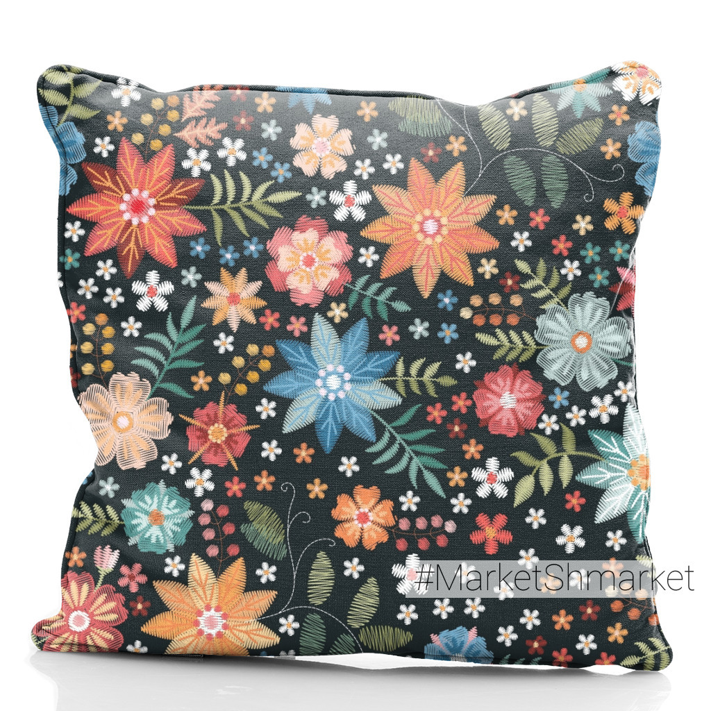 Ткани Вышитые цветы, ягоды и листья на черном фоне - закажи на # ...