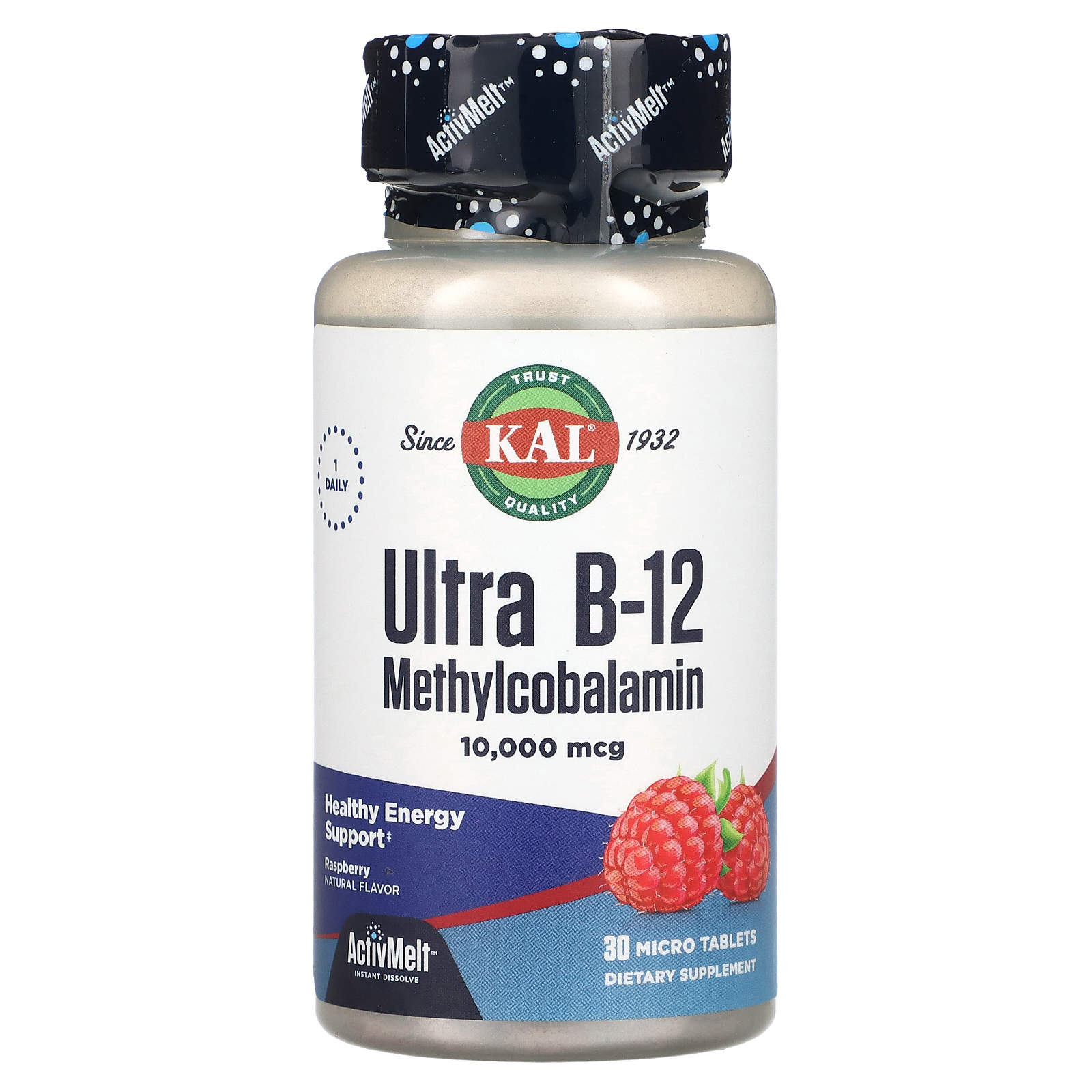 KAL, Ultra B12, метилкобаламин, со вкусом малины, 10 000 мкг, 30 ...