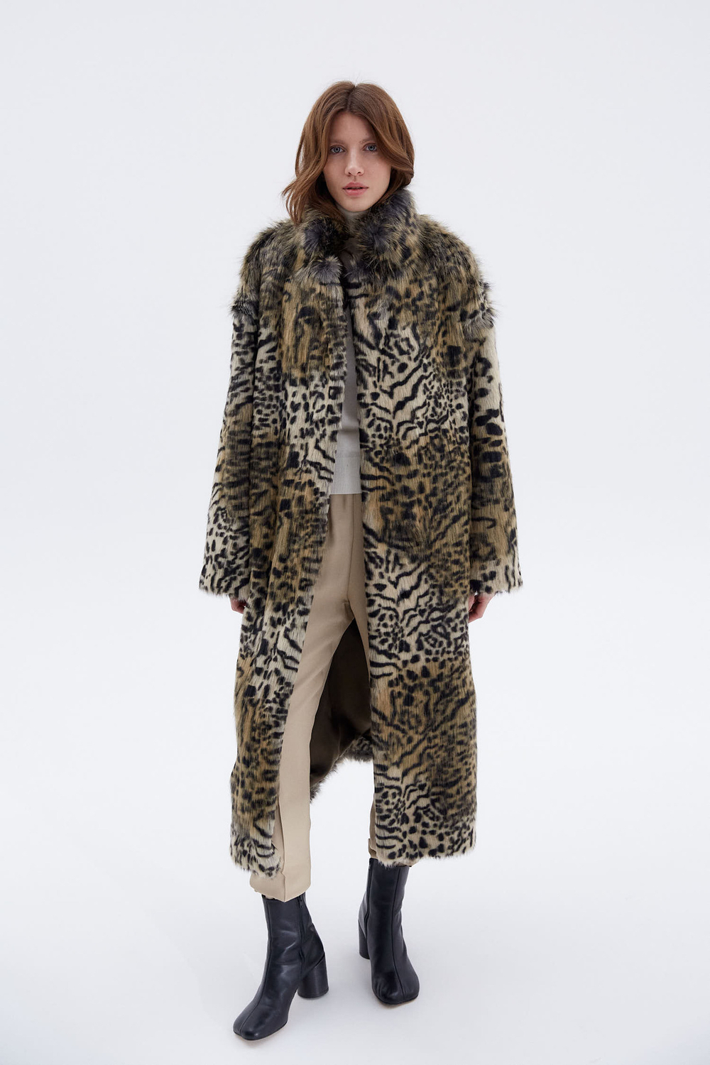 Шуба длинная из искусственного меха Стелла Маккартни с принтом рысь ...
